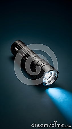 Sleek Black Flashlight With Textured Grip And Bright White Beam On Blue ...