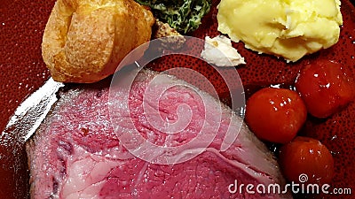 Slice of Medium Rare Roasted Beef Steak with Gravy Pudding Spinash ...