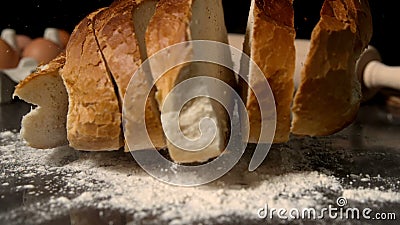 Sliced Loaf of Bread Falling on Flour Stock Footage - Video of food ...
