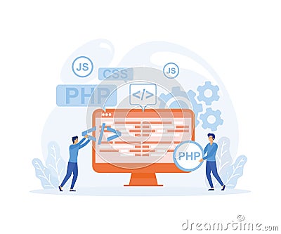 Small People Programmers Coding And Correct Errors In Project. Cartoon Vector | CartoonDealer ...