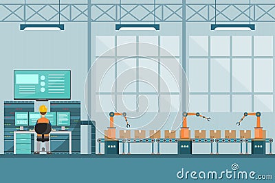 Smart Industrial Factory In A Flat Style With Workers, Robots And ...