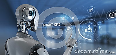 Smart KPI Key Performance Indicator. Robot Pressing Button On Screen 3d ...