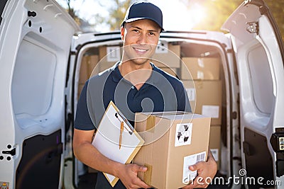 Smiling Delivery Man Loading Boxes Into His Truck Stock Photo ...