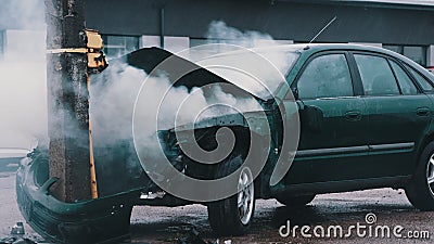 Smoke from Wrecked Car with Fire Engine in the Background. Car Accident ...