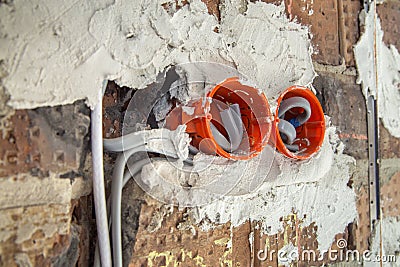Socket Orange Boxes With Wires In A Wall. Cabling Installation Of ...