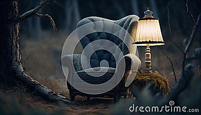 Soft Chair In The Woods With A Lamp A Quiet Place. Al Generated Royalty ...