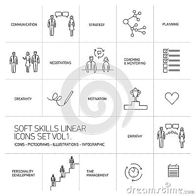Soft Skills Linear Icons And Pictograms Set Stock Photo | CartoonDealer ...