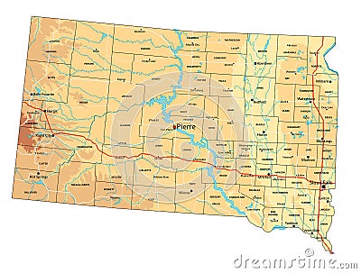 Detailed South Dakota Physical Map With Labeling. Vector Illustration ...
