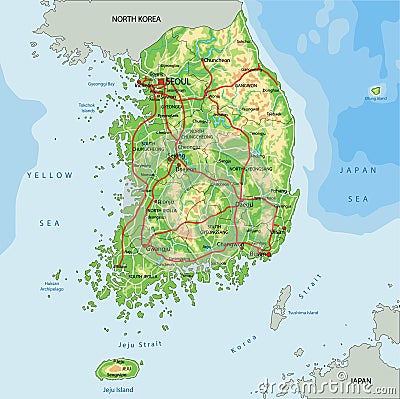 Detailed South Korea Physical Map With Labeling. Vector Illustration ...