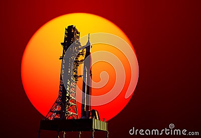 Space Launch System On Launchpad On Background Of Red Sun Stock Photo ...
