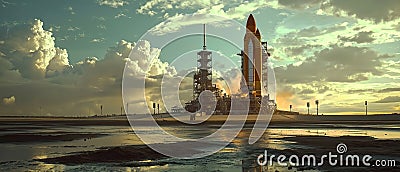 Space Rocket On Launch Pad, Panoramic Shot Of The Sky And The Setting ...