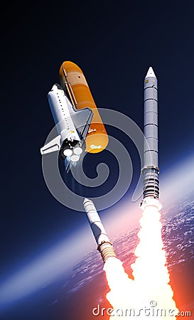 Space Shuttle Solid Rocket Boosters Separation Over Clouds Royalty-Free ...