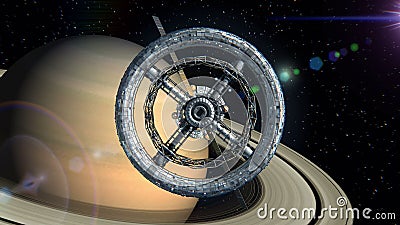 Saturn on the Background. Flight through the Gates of the Sci-fi Space ...