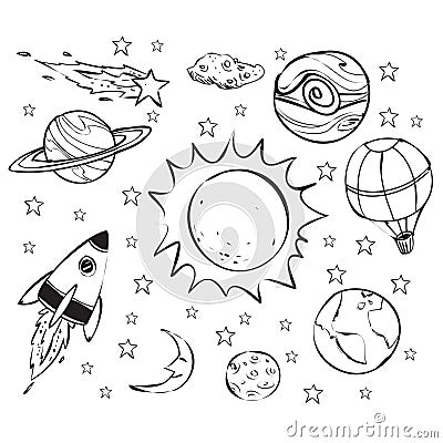 Space Theme Doodle, Black On White Stock Vector - Image: 71850888