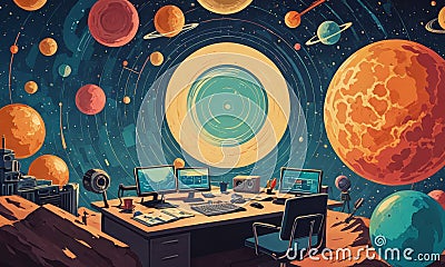 Space-themed Office With Desk, Computer Monitors, And Chair, Surrounded ...
