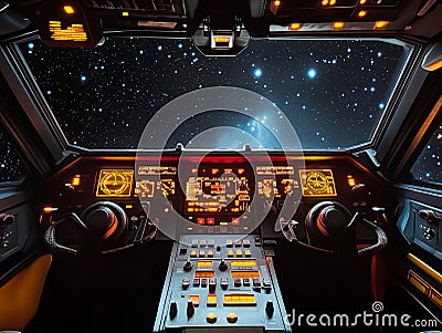 Spacecraft Cockpit With A View Of A Galaxy And Control Panels Aglow ...