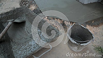 Spade and Tray with Cement Mortar on Construction Site. Stock Footage ...