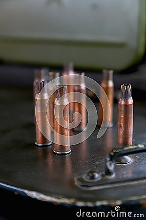 Spent Copper Casings Close-up. Empty Weapon Casings On A Dark ...
