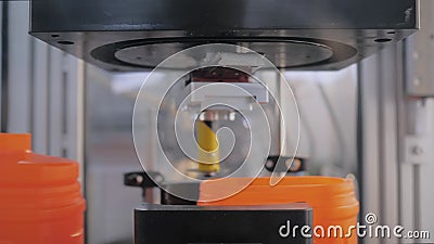 Spin Dome Trimmer Cutting Empty Orange Plastic Jerrycans on Conveyor ...