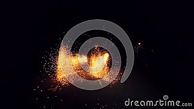 Spinning Firework Wheel, Sparkles All Around. Fire Show. Fireworks ...