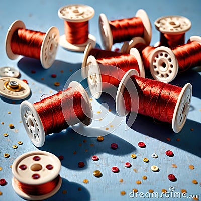 Spools Of Thread And Buttons On Light Blue Background Royalty-Free ...