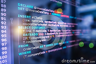 SQL (Structured Query Language) Code On Computer Monitor And Server Room Background Royalty-Free ...