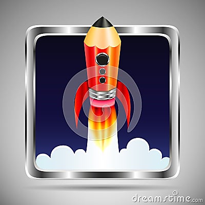 Square Icon With Metal Frame. Flying Rocket In Form Of Pencil Vector ...