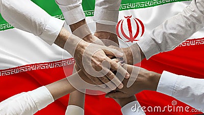 Stack Of Hands Showing Unity And Teamwork Over Waving Iranian Flag ...