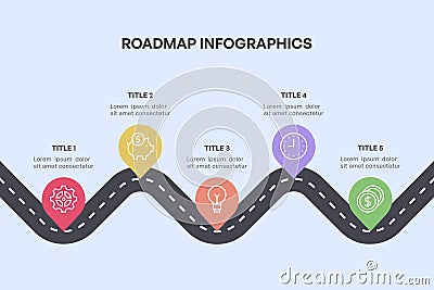 5 Stage Curved Roadmap Infographic, Milestones And Progress Path Vector ...