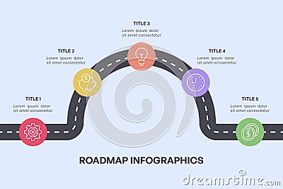 5 Stage Curved Roadmap Infographic, Milestones And Progress Path Vector ...