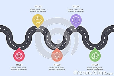 5 Stage Curved Roadmap Infographic, Milestones And Progress Path Vector ...