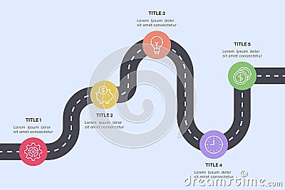 5 Stage Curved Roadmap Infographic, Milestones And Progress Path Vector ...