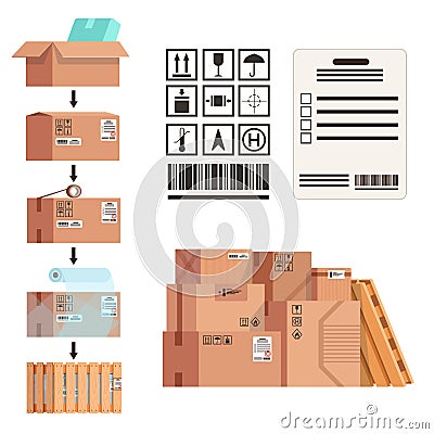 Stages Of Shipment. Packaging And Shipping Boxes. Set Of Labeling For ...