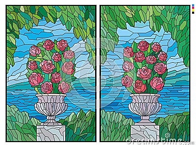 Stained Glass Rose Bush In A Flowerpot On The Background Of The Sea ...