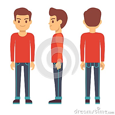 Standing Young Man, Boy Character In Front, Back, Side View In Casual ...