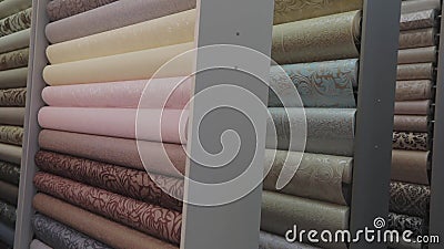 Stands with Rolls of Wallpaper Samples in the Store. Stands with New ...