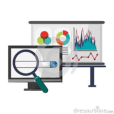 Statistics Whiteboard And Computer With Magnifying Glass Vector ...