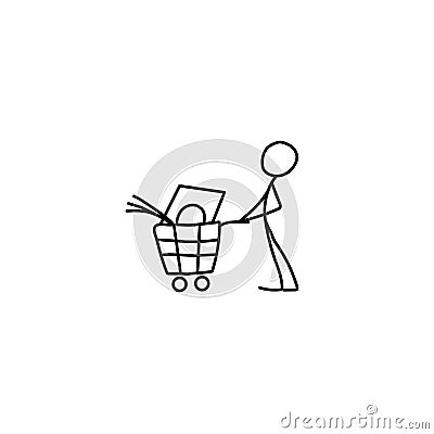 Stick Figure Man Pushing Shopping Cart Icon Cartoon Vector ...