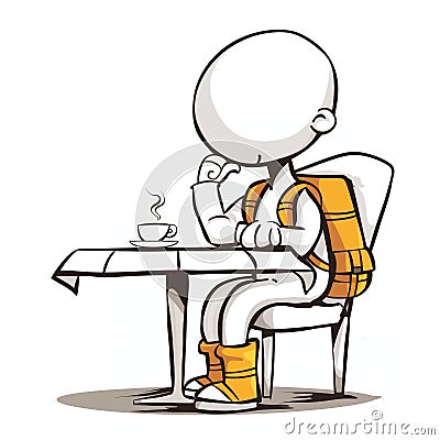 Stickman Sitting At A Table In A Restaurant, Isolated On White ...