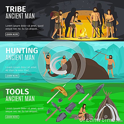 Stone Age Caveman Evolution Banners Cartoon Vector | CartoonDealer.com ...