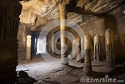 Stone Pillars Inside A Cavernous, Multi-chambered Cave Stock ...