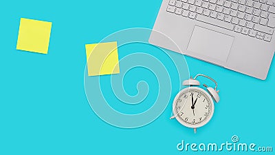 Stop Motion of a Laptop, Clock and Sticky Notes on a Blue Background, a ...