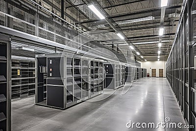 Storage Data Center With Rows Of Shelving And Tall Racks For Storing ...