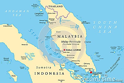Strait Of Malacca, A Main Shipping Channel And Lane, Political Map ...