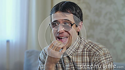 Strange Funny Nerd Watching TV Stock Footage - Video of television ...