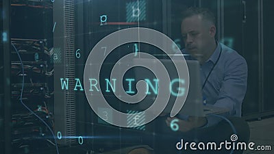 Stressed Man Meditating in Computer Server Room with Moving Data ...