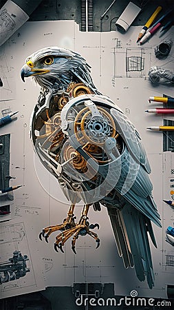 A Striking 3D Render Of A Futuristic, Mechanical Hawk Crafted From ...
