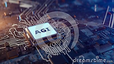Strong Artificial Intelligence "AGI" Motherboard And CPU Background, 3D ...