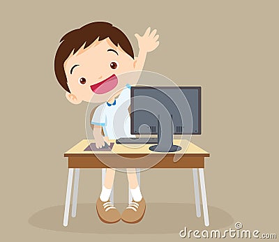 Student Boy Learning Computer Hand Up Cartoon Vector | CartoonDealer ...