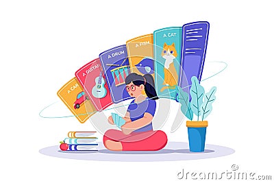 A Student Uses Flashcards To Memorize Vocabulary Words Vector ...